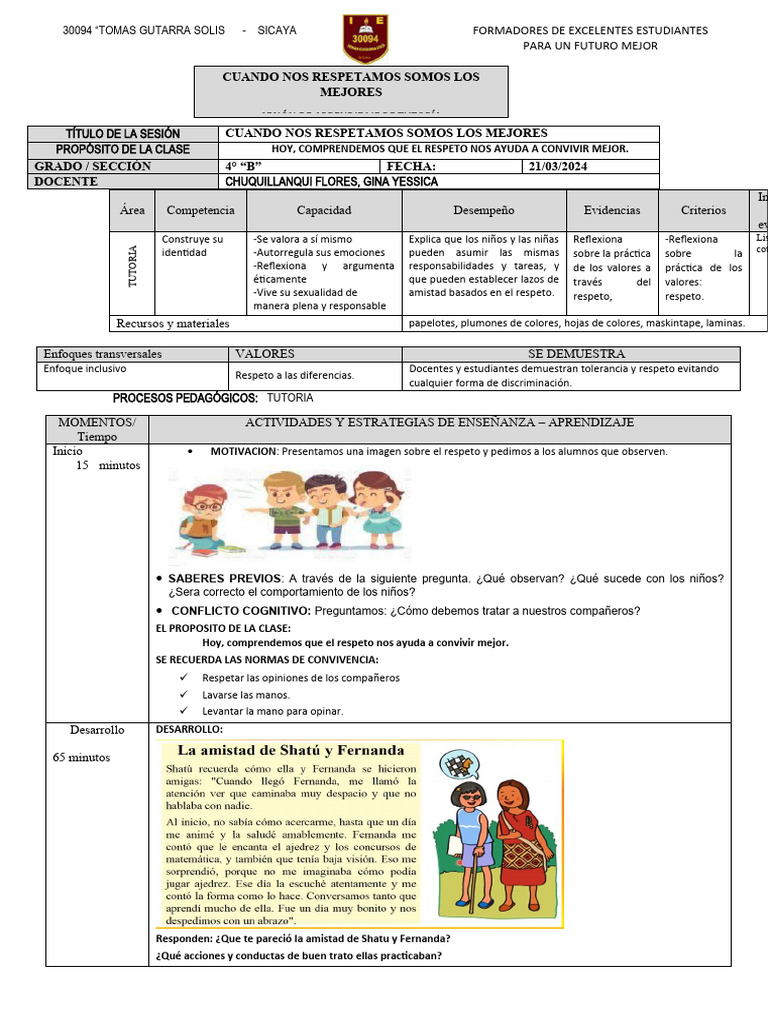 Sesion De Tutoria Respeto Pdf Aprendizaje Enseñando