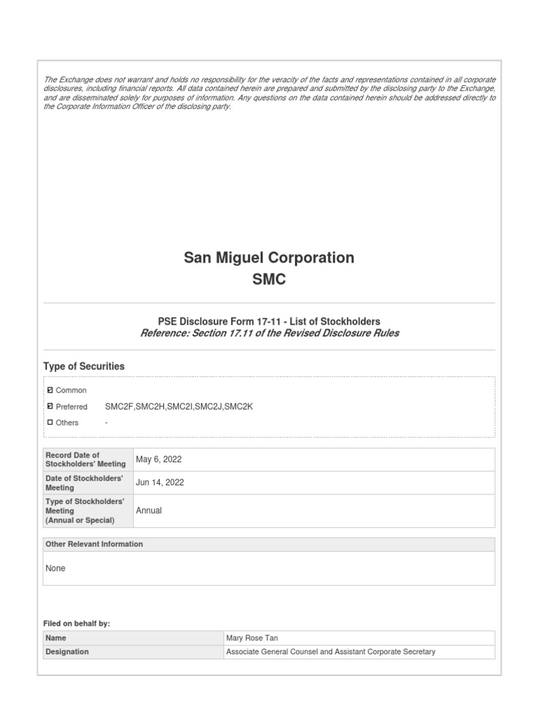 PSE-SMC List of Stockholders (05.17.2022) | PDF | Corporations