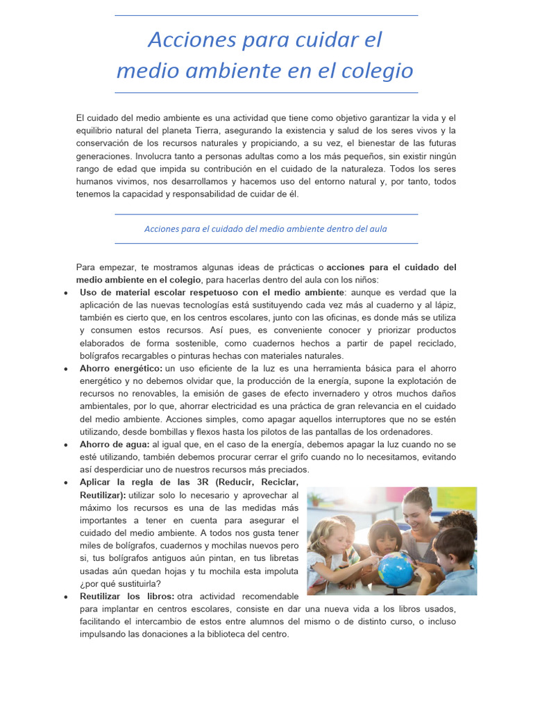 Acciones para Cuidar El Medio Ambiente en El Colegio | PDF | Entorno ...