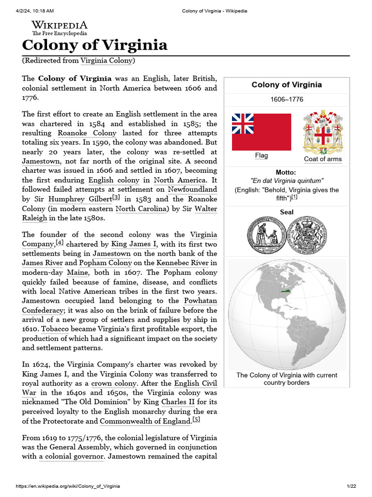 Colony of Virginia | PDF | Roanoke Colony | Jamestown, Virginia
