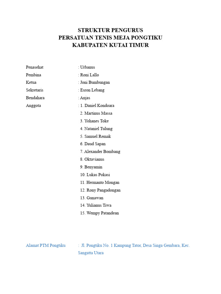 Struktur Pengurus PTM Pongtiku | PDF
