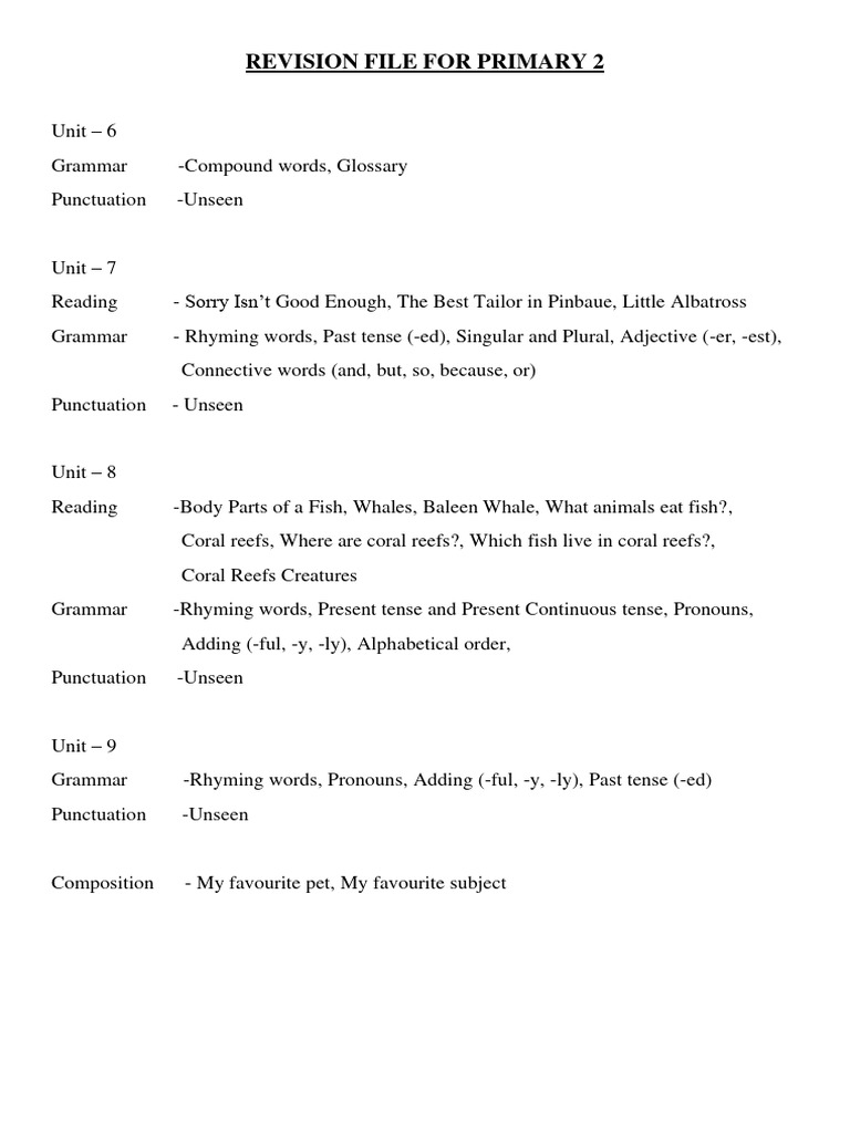Revision File For Primary 2 (Eng), Mandalay Campus | PDF