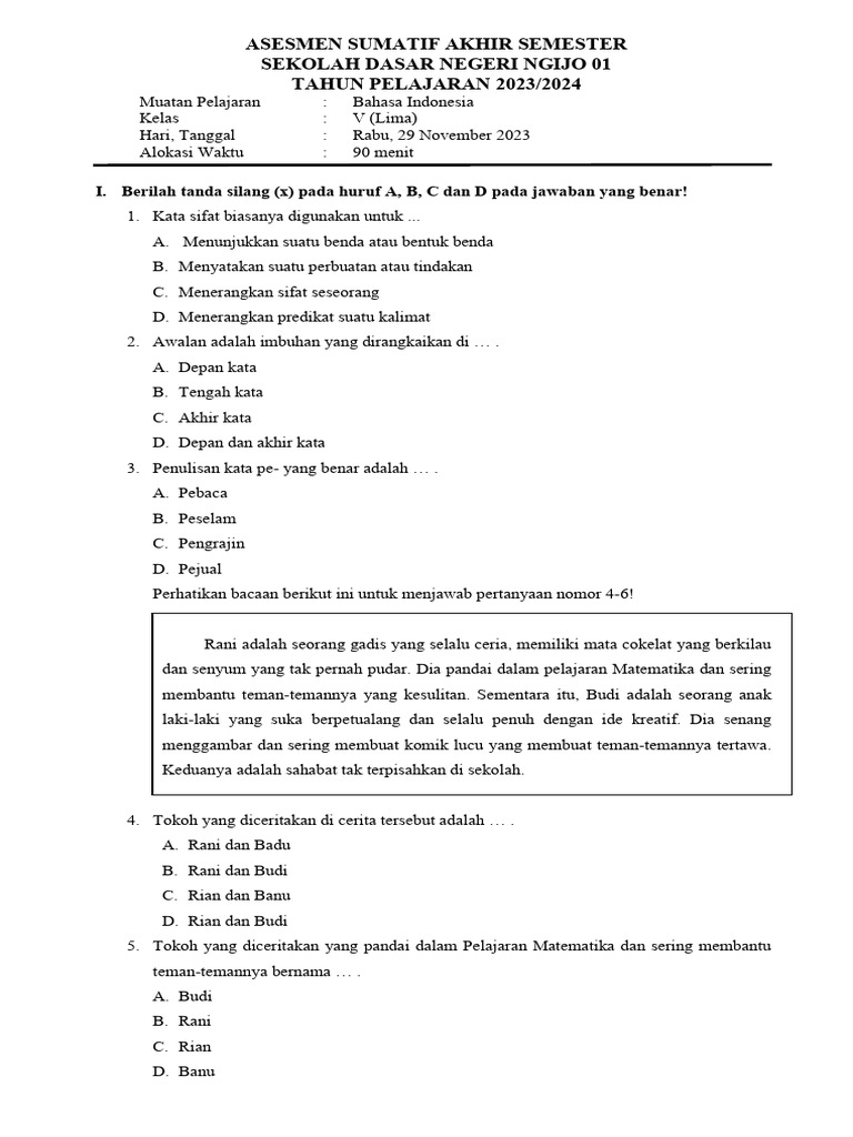 KELAS 5 SOAL Bahasa Indonesia | PDF