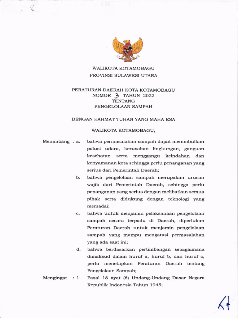 Perda Kotamobagu 2022: Pengelolaan Sampah | PDF