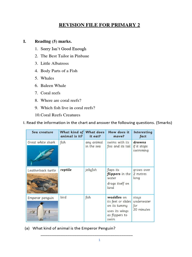 English Revision P2 Final Exam | PDF | Whales | Fish