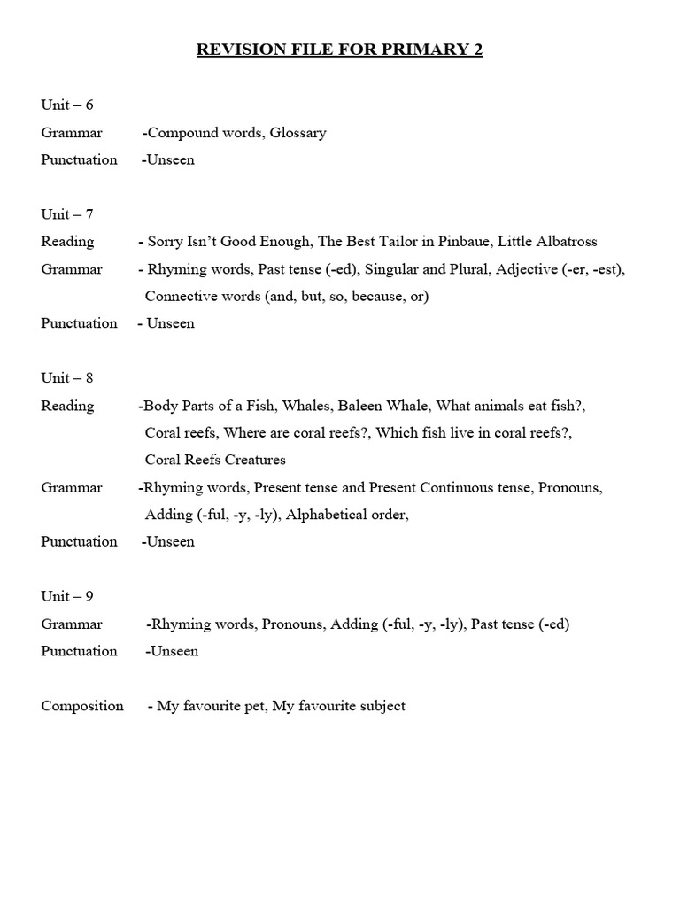 Revision File for Primary 2 (Eng) , Mandalay Campus | PDF