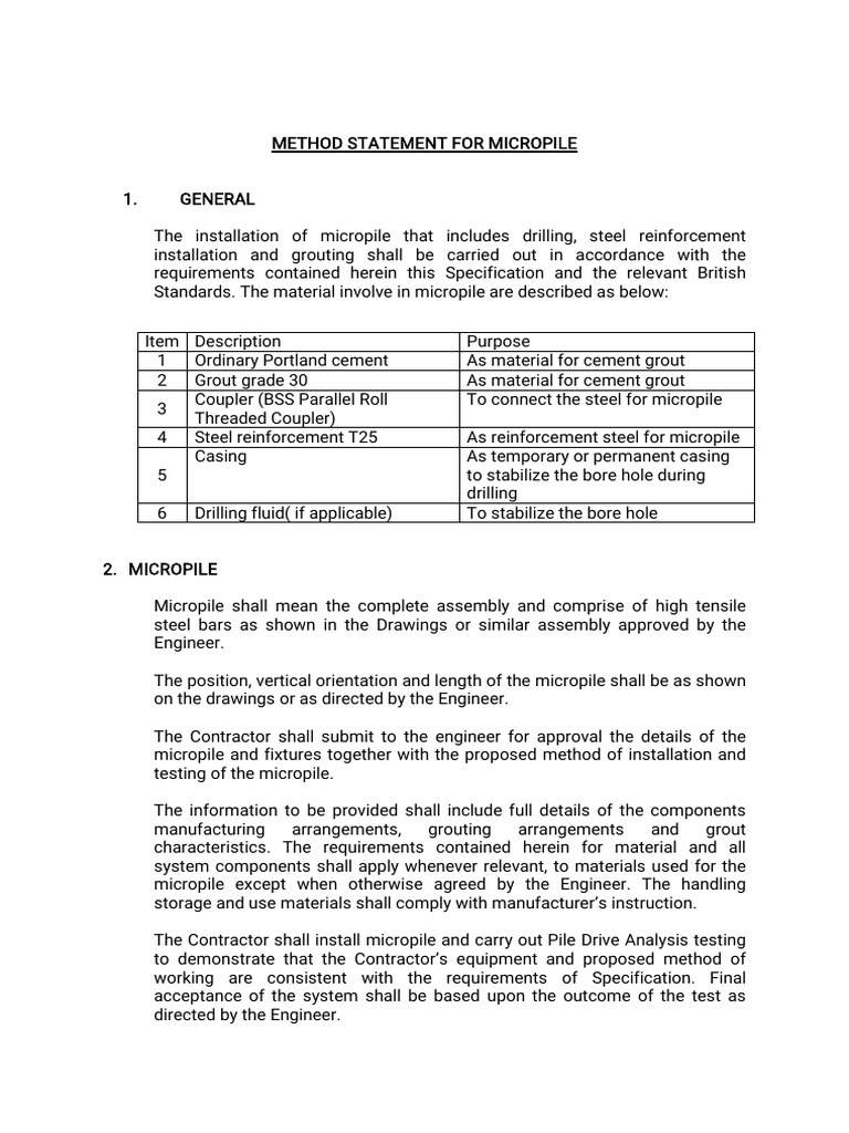 Micropile Installation Method Statement | PDF | Deep Foundation | Cement