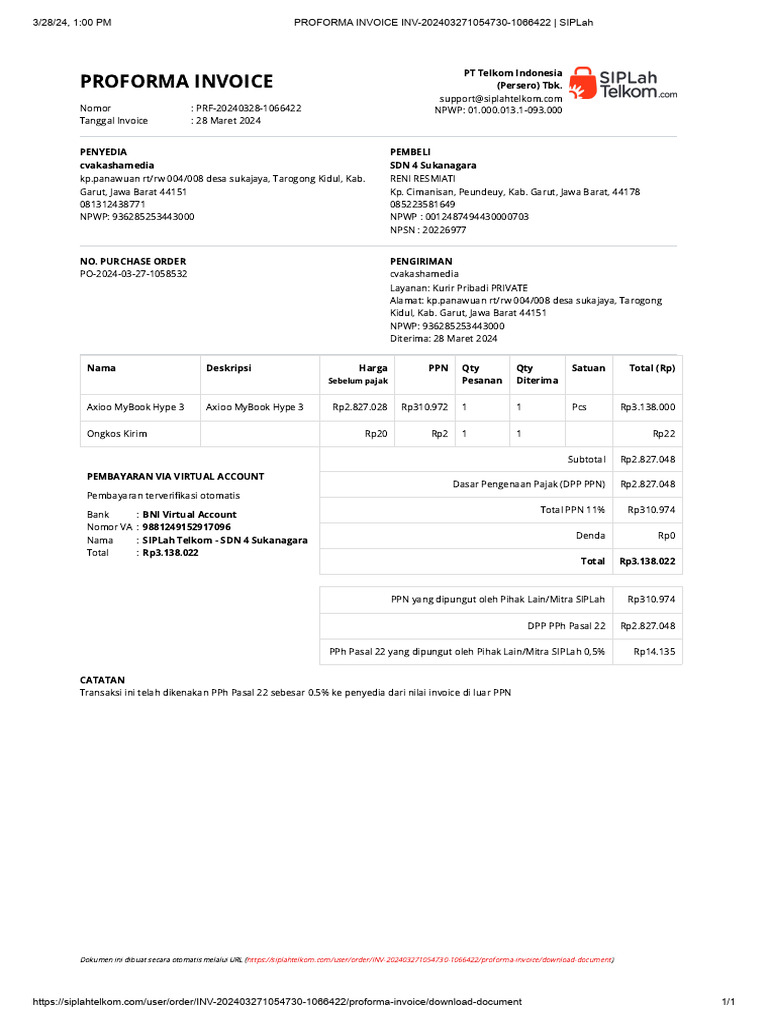 PROFORMA INVOICE INV-202403271054730-1066422 - SIPLah | PDF
