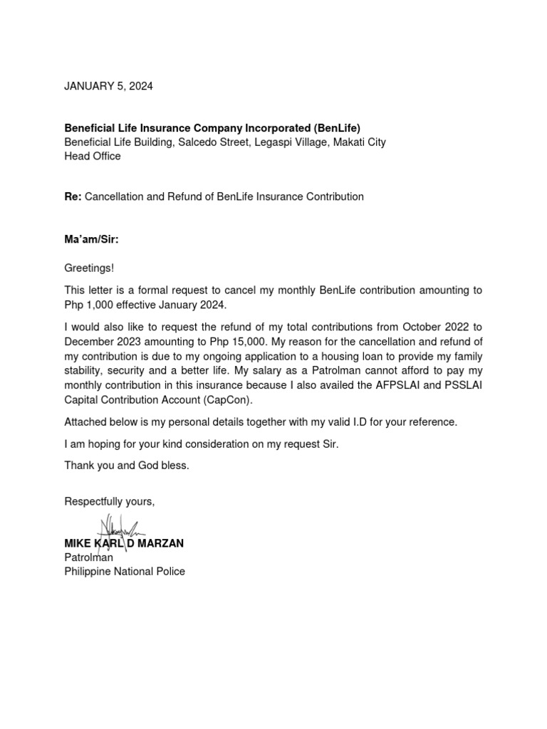 Letter Re Cancellation and Refund of BENLIFE Contribution | PDF