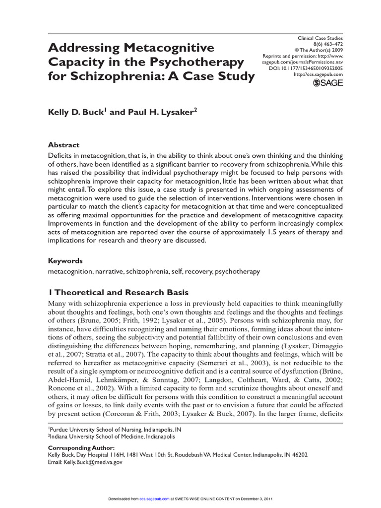 Schizophrenia Case Study | Download Free PDF | Psychotherapy | Metacognition