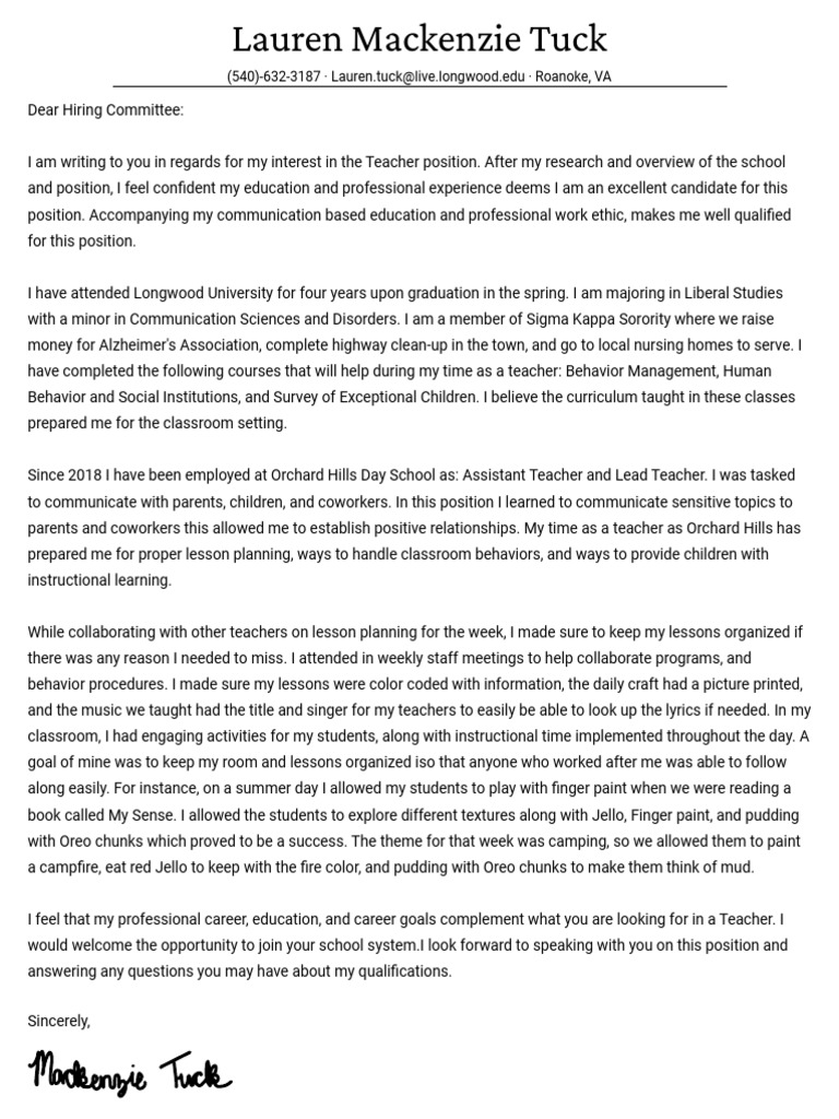 Mackenzie Tuck Cover Letter Signed | PDF | Teachers | Learning