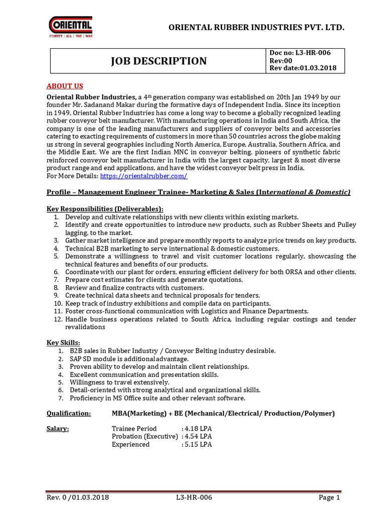JD- Management Engineer Trainee | PDF | Belt (Mechanical) | Marketing