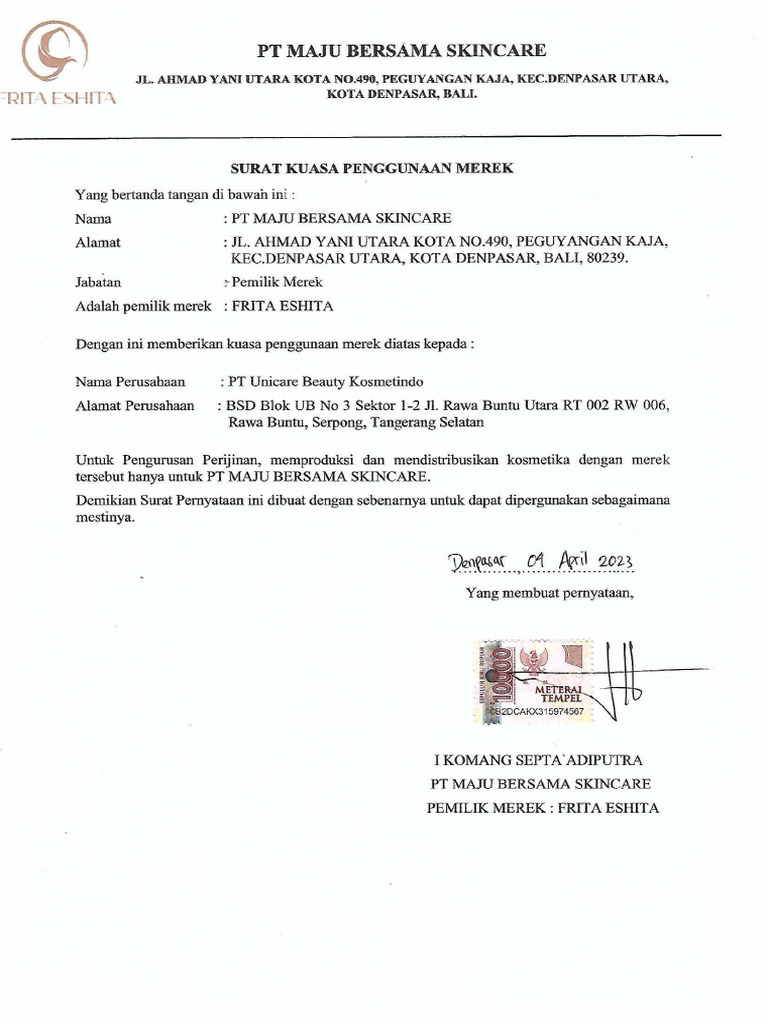 Surat Kuasa Penggunaan Merek | PDF