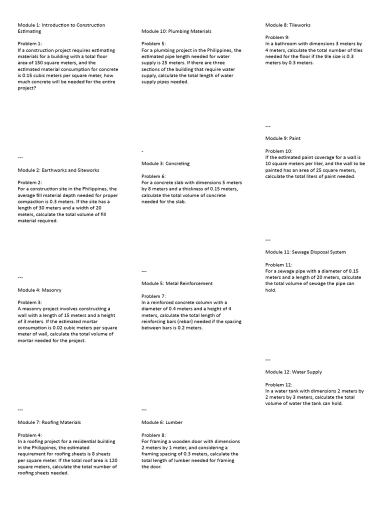 Construction Estimating Problems Solutions | PDF | Volume | Length