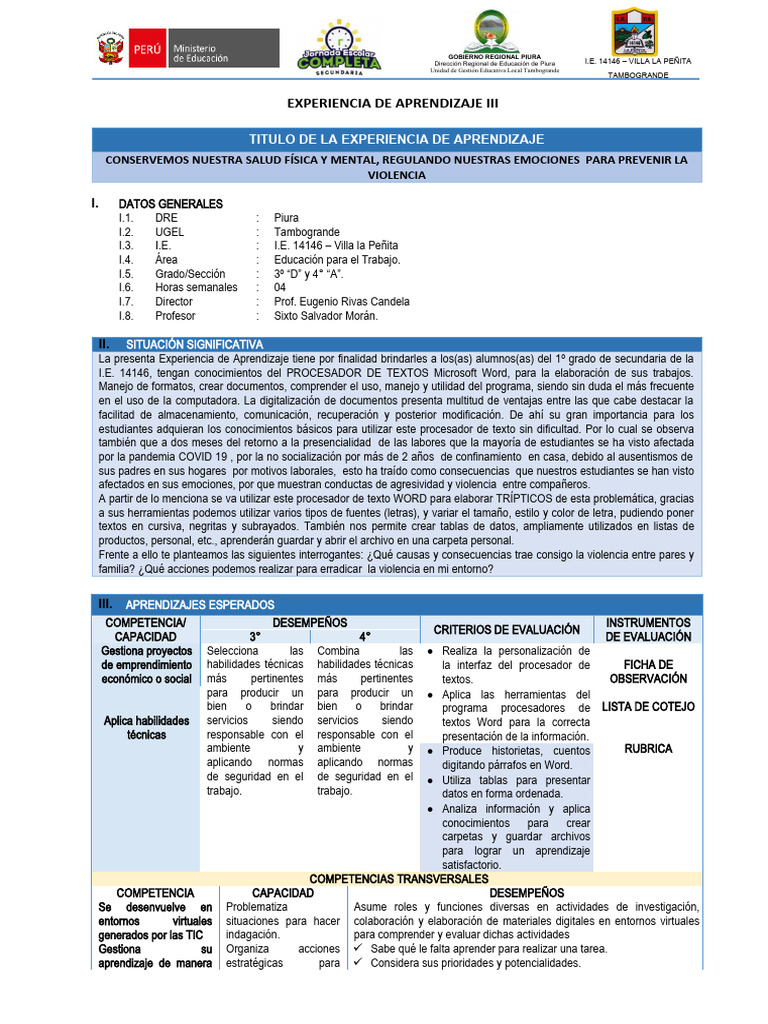 EXPERIENCIA DE APRENDIZAJE III-3° y 4°Secund. | PDF | Archivo de computadora | Evaluación