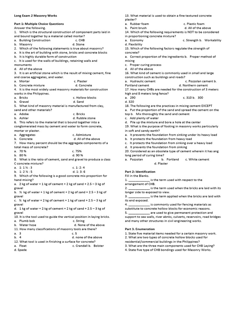Masonry Works Exam: Questions & Answers | PDF | Concrete | Cement