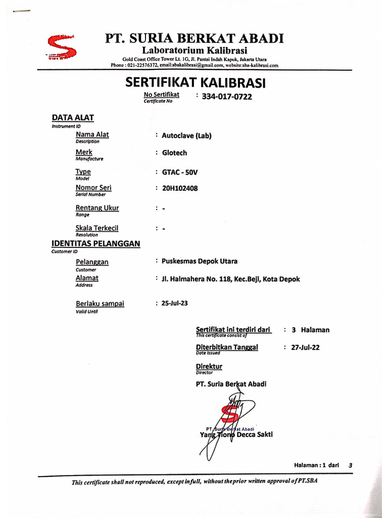 Sertifikat Kalibrasi Alat Laboratorium Puskesmas Depok Utara | PDF