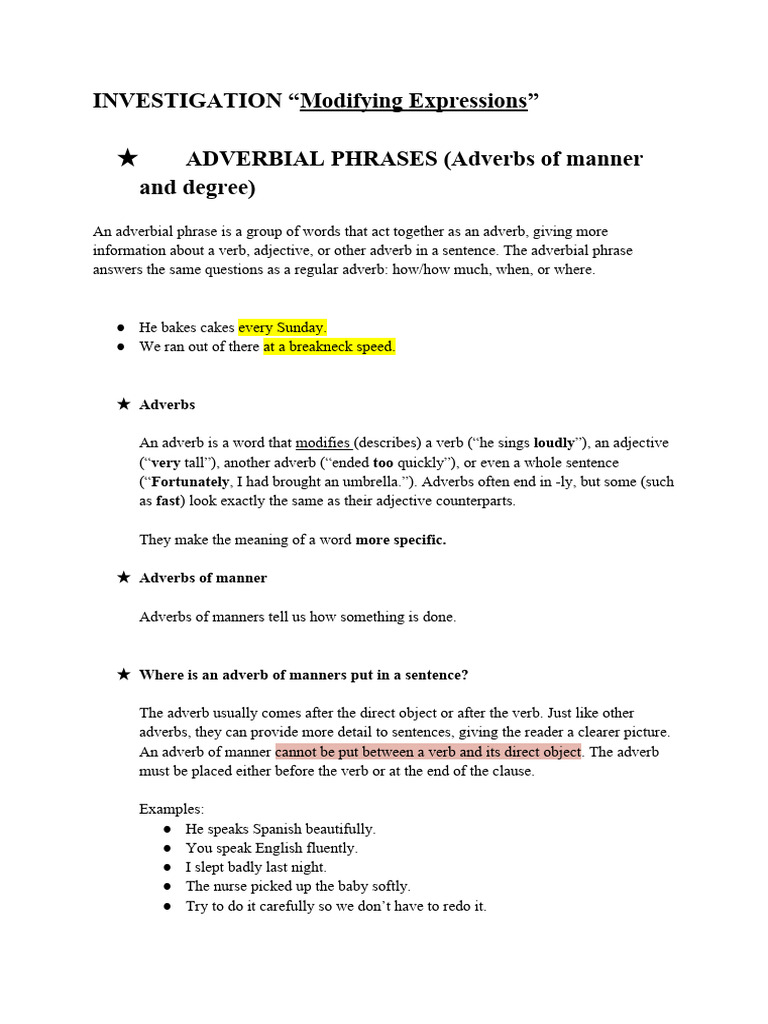 U7L1 Adverbial Phrases (Adverbs of manner and degree) - Modifying Expressions INVESTIGATION | PDF