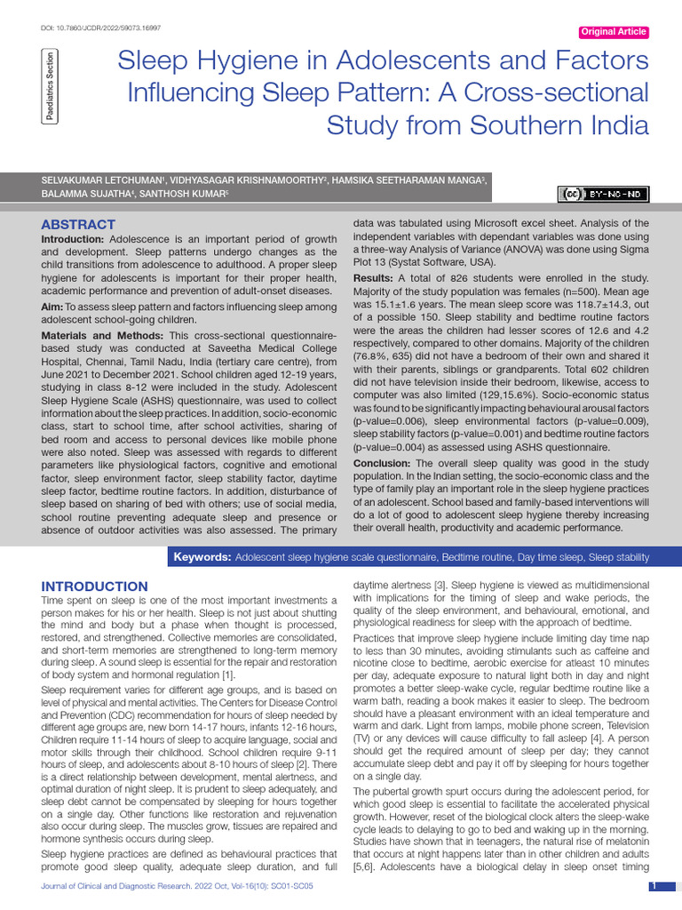 Sleep Hygiene in Adolescents and Factors | PDF | Sleep | Animal Physiology