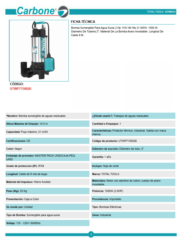 Ficha Tecnica Bomba Sumergible Residual 2HP | PDF