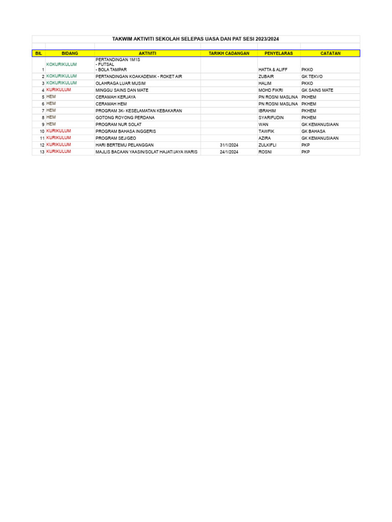 Takwim Program Pasca Uasa Dan Pat Sesi 2023-2024 | PDF