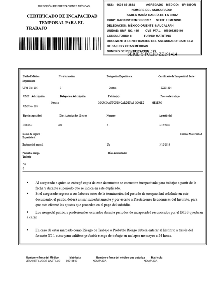 Formato Incapacidad Imss (5) | PDF