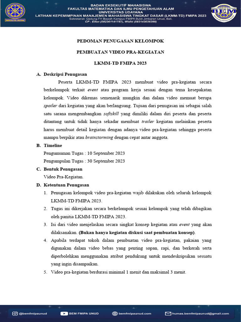 Pedoman Penugasan Video Pra-Kegiatan LKMM-TD FMIPA 2023 | PDF