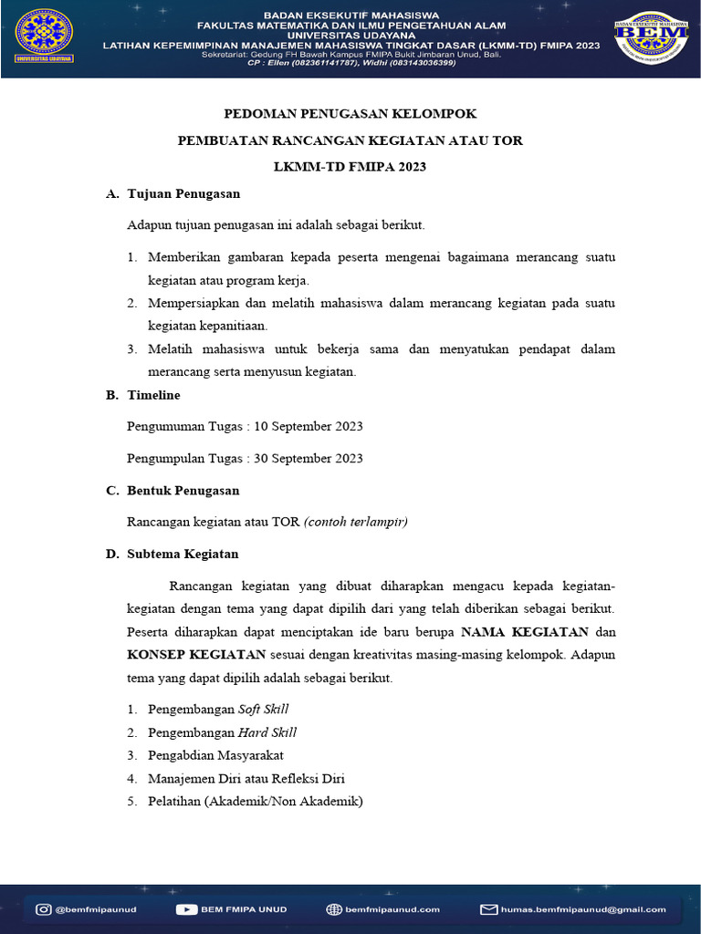 Pedoman Penugasan Rancangan Kegiatan LKMM-TD FMIPA 2023 | PDF