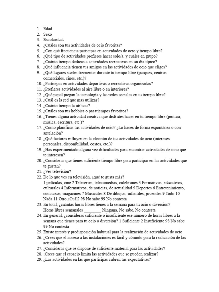 Preguntas sobre actividades de ocio | PDF | Recreación