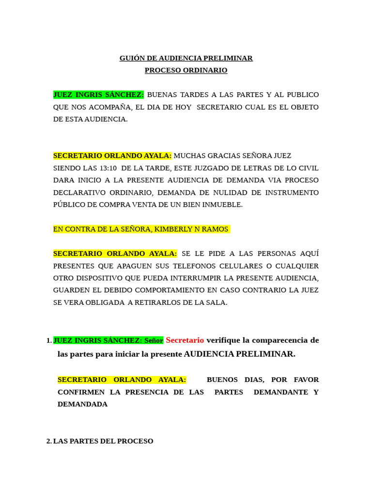 Gui N de Audiencia Preliminar V A Proceso Ordinario | PDF | Demanda ...
