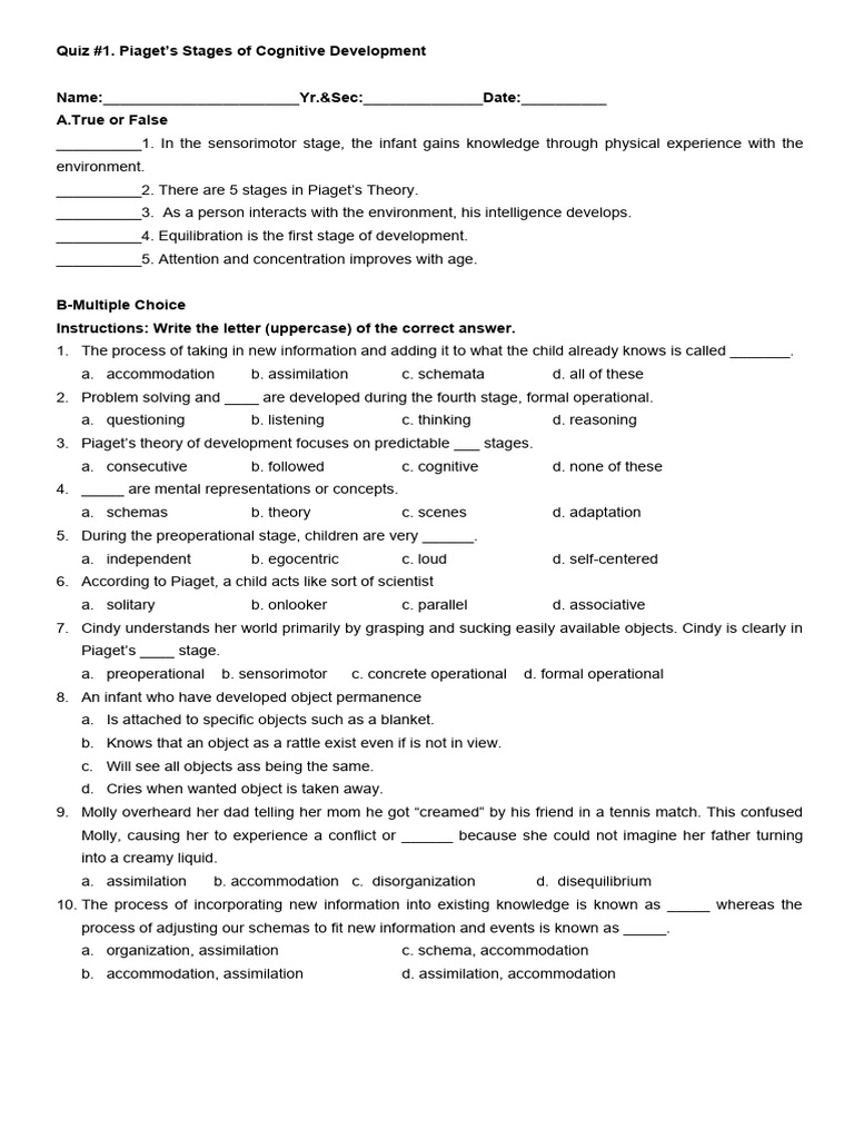 Quiz#1 Piaget's Stages of Cognitive Development | PDF | Schema ...