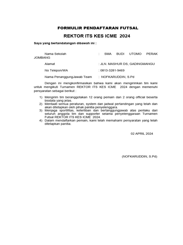 Formulir Pendaftaran Futsal 2024 | PDF