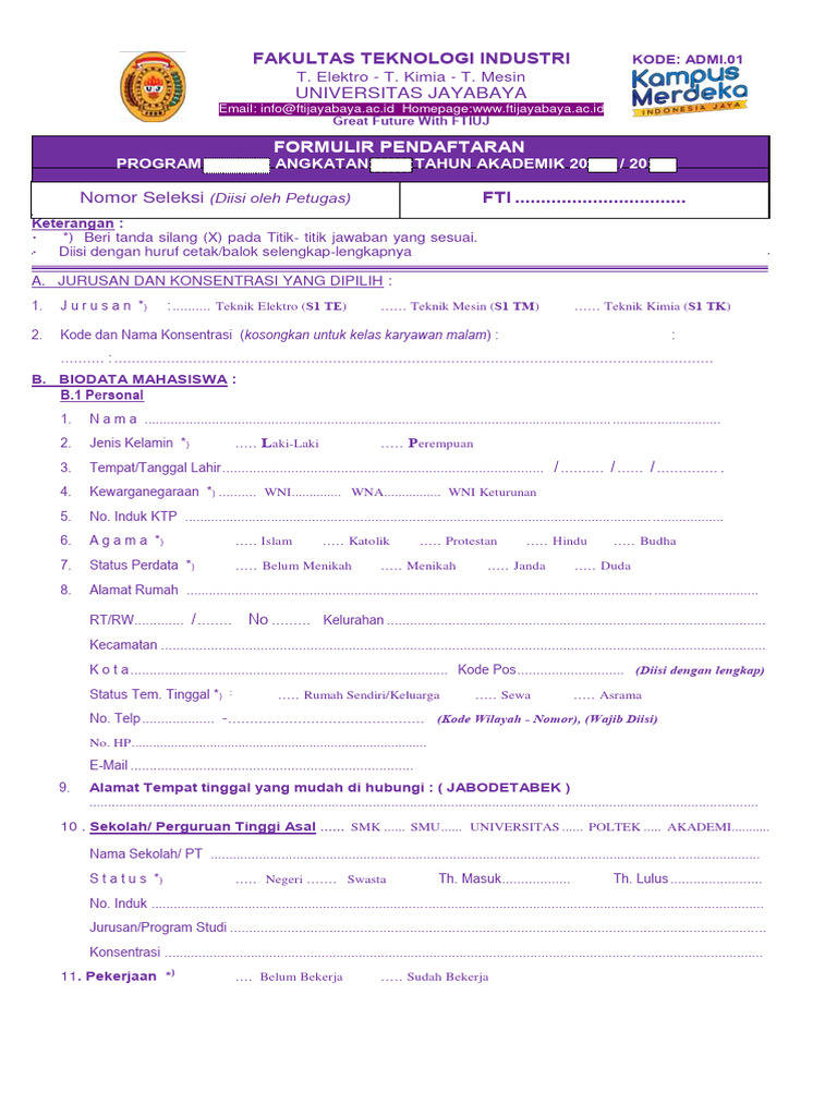 Formulir Pendaftaran FTI Universitas Jayabaya | PDF