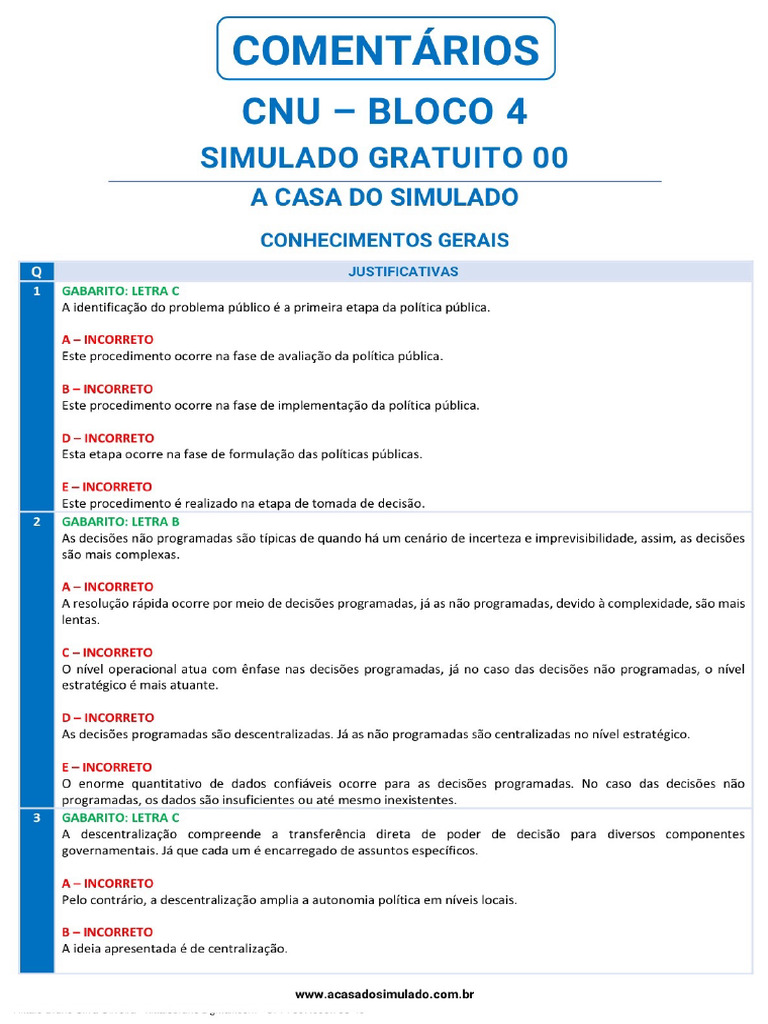 Comentários - CNU - Bloco 4 - Simulado Gratuito 00 | PDF