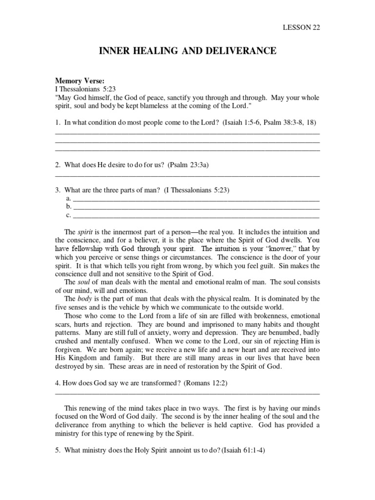 Lesson 22 Inner Healing and Deliverance | PDF | Deliverance Ministry ...