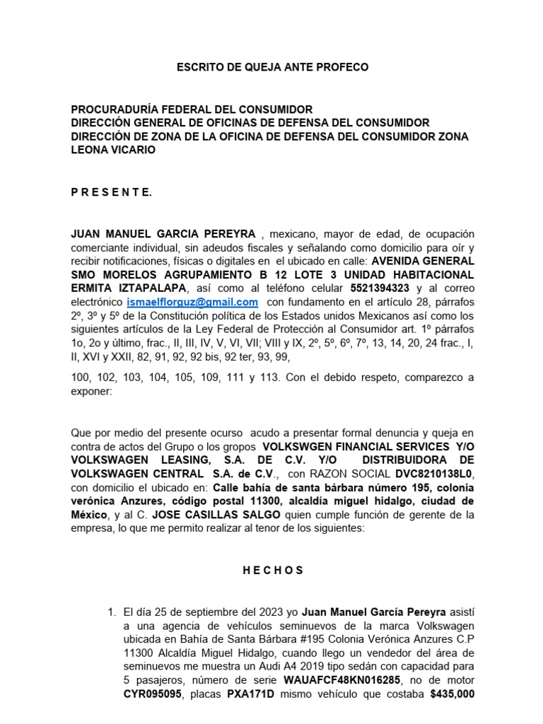 Escrito de Queja Ante Profeco | PDF
