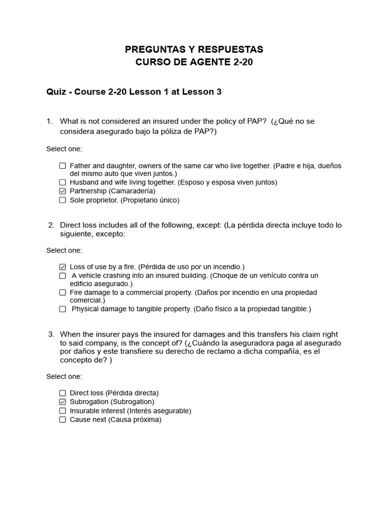 Preguntas y Respuestas - Curso de Agente 2-20 | PDF | Póliza de seguros | Derecho privado