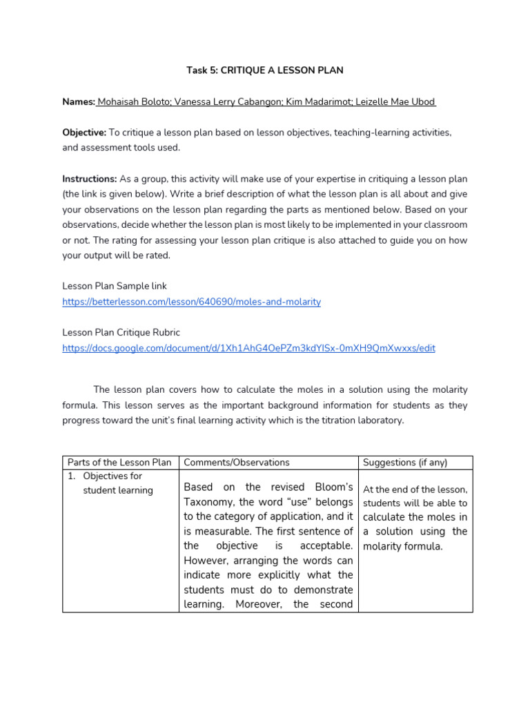 Lesson Plan Critique and Feedback | PDF | Lesson Plan | Teachers