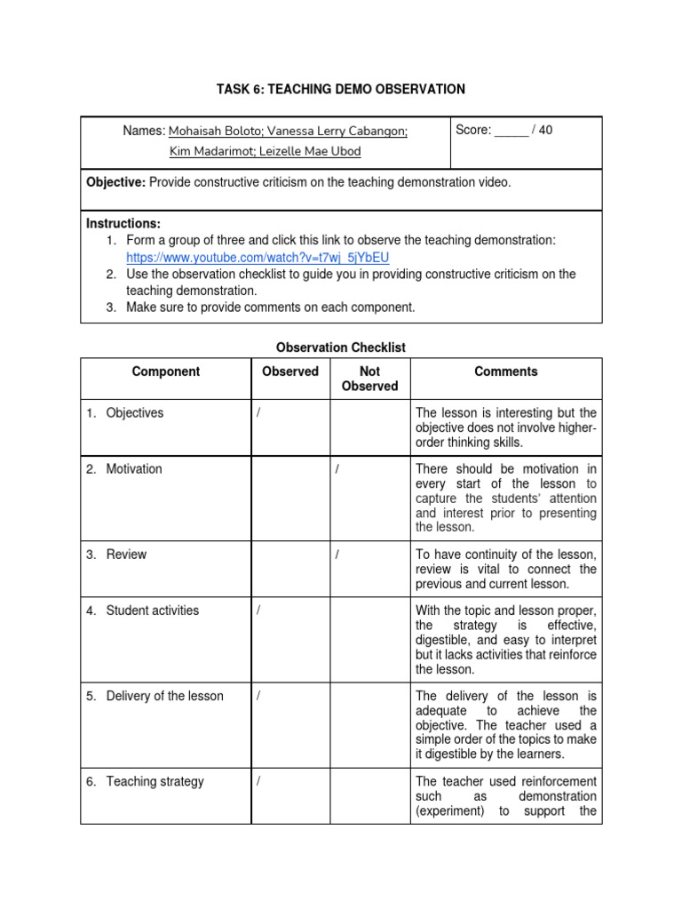 Task 6 - eaching Demonstration Observation | PDF | Educational ...