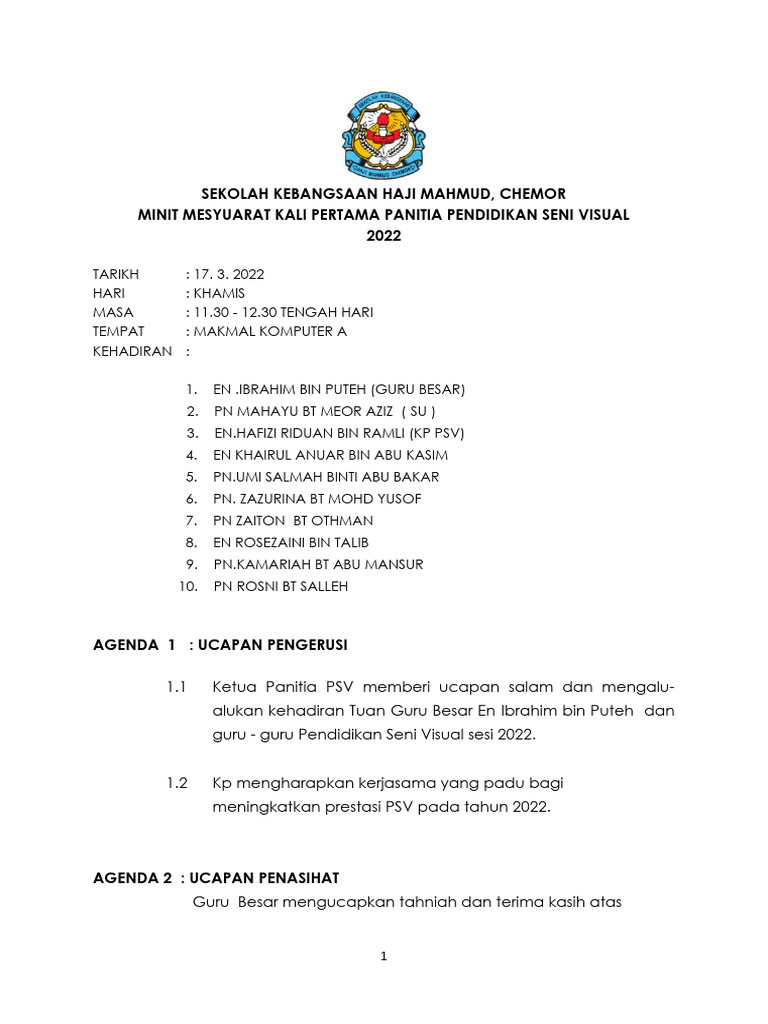 Minit Mesyuarat Panitia PSV Kali Pertama 2022 | PDF