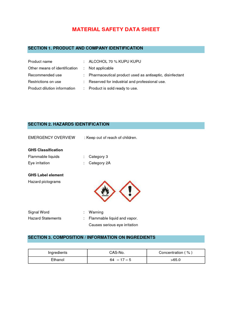 MSDS Alkohol 70% Dipamed | Download Free PDF | Firefighting | Ethanol