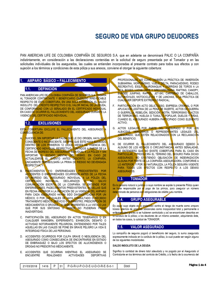 Amparo Básico-Póliza Seguro de Vida Deudores | PDF | Póliza de seguros ...