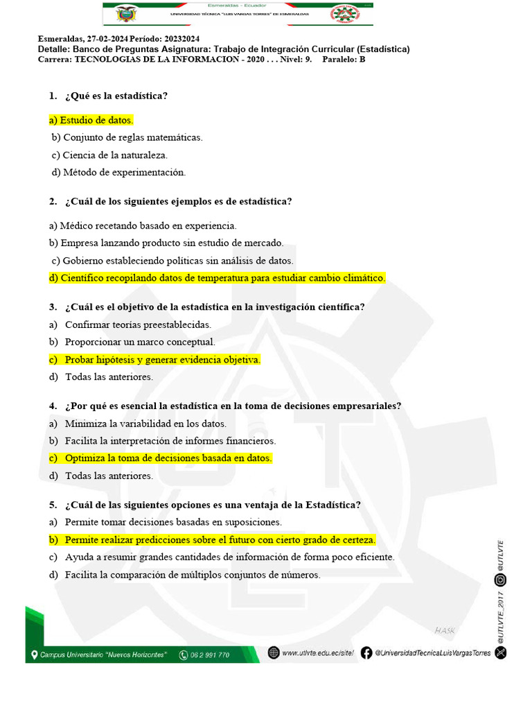 Banco de Preguntas 9B (Tic Estadística) | PDF | Muestreo (Estadísticas) | Estadísticas