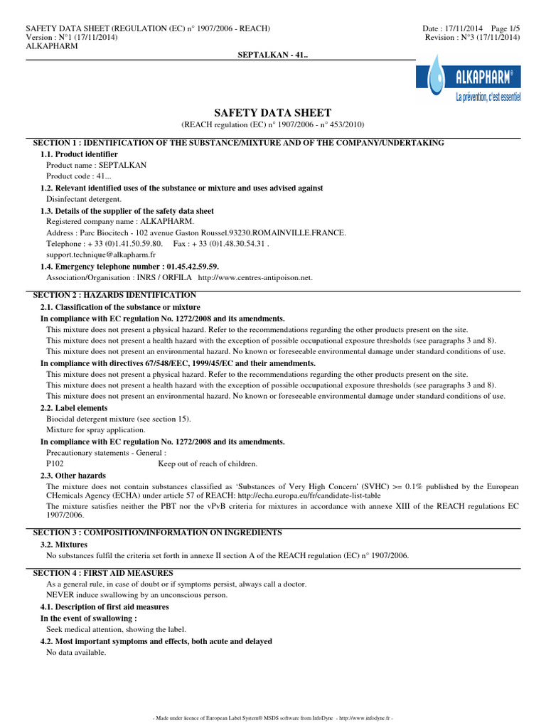MSDS SEPTALKAN EN | PDF | Dangerous Goods | Waste