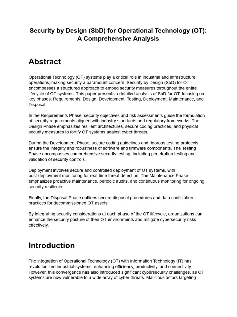 Security by Design (SBD) For Operational Technology (OT) - A Comprehensive Analysis | PDF ...