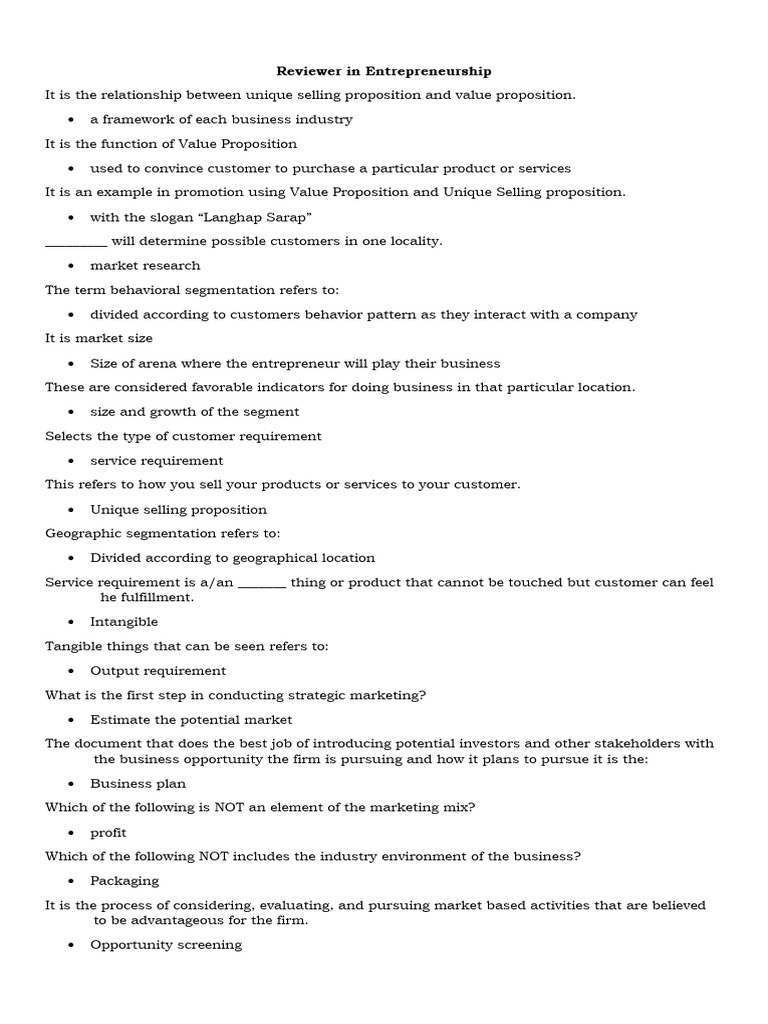 REVIEWER-ENTREP | PDF | Entrepreneurship | Product (Business)