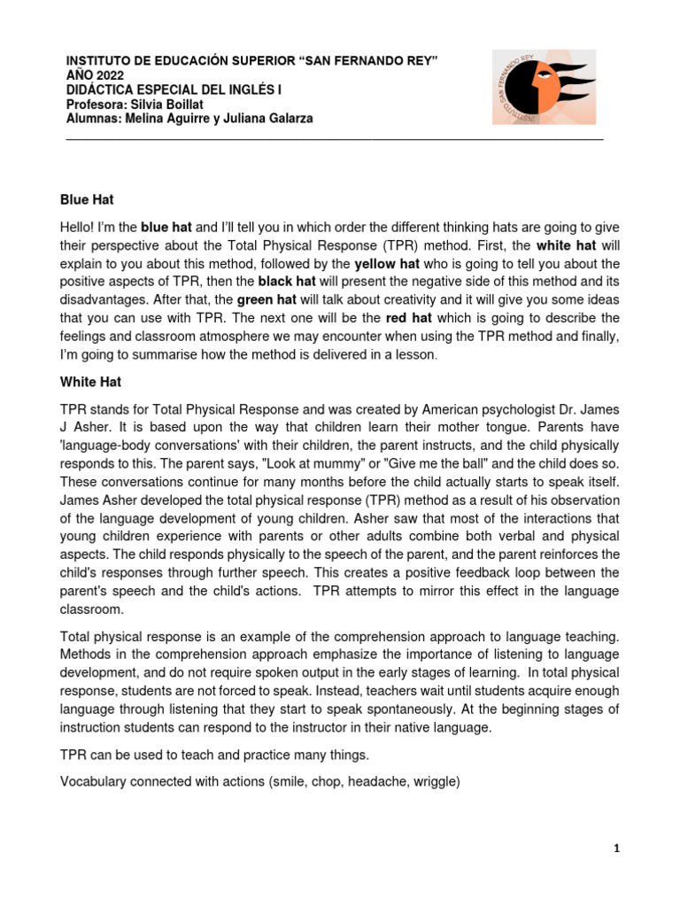 TPR Teaching Method - Activity | PDF | Human Communication | Learning