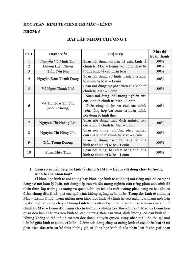 BÀI TẬP CHƯƠNG 1 - KTCTM-L - NHÓM 9 | PDF