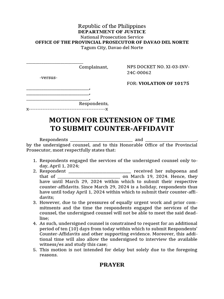 Motion for Extension of Time to Submit Counter-Affidavit | PDF | Crimes ...