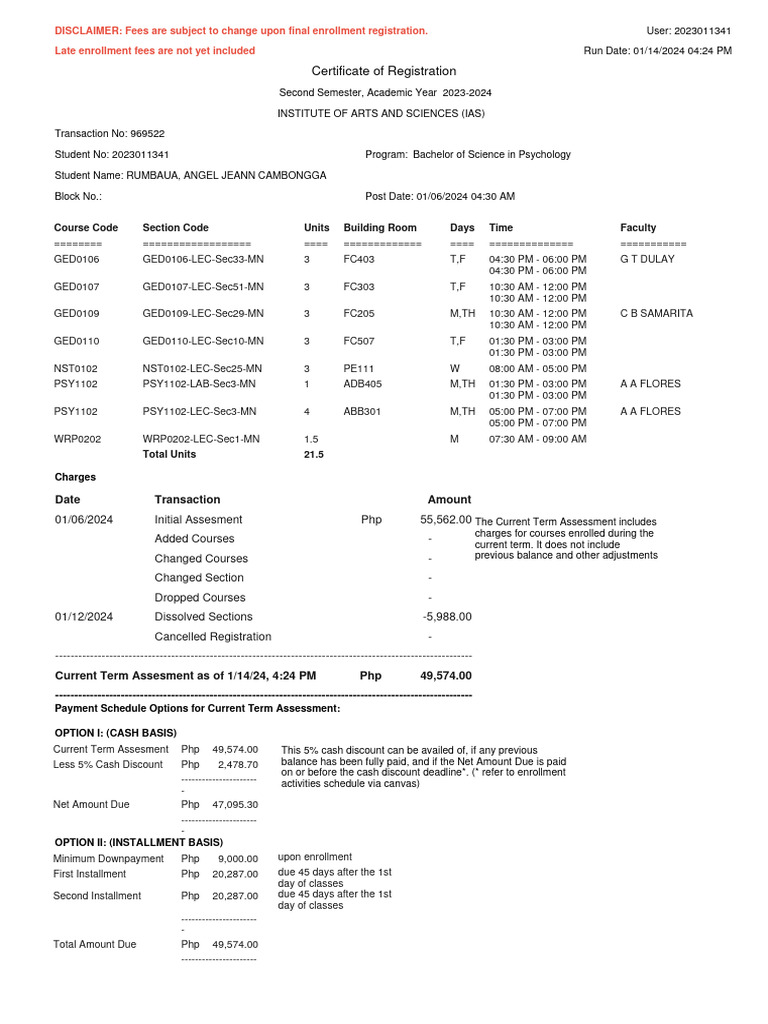 Certificate of Registration: Course Code Section Code Units Building ...